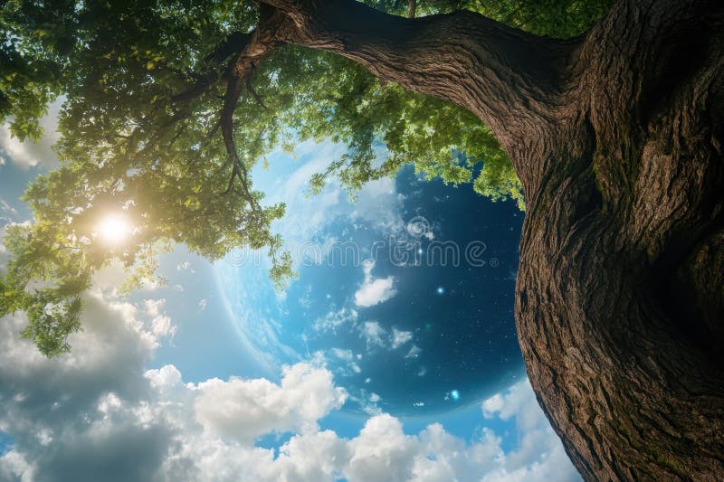 Tree Branches Reaching Towards a Vibrant Sky with Celestial Elements ...