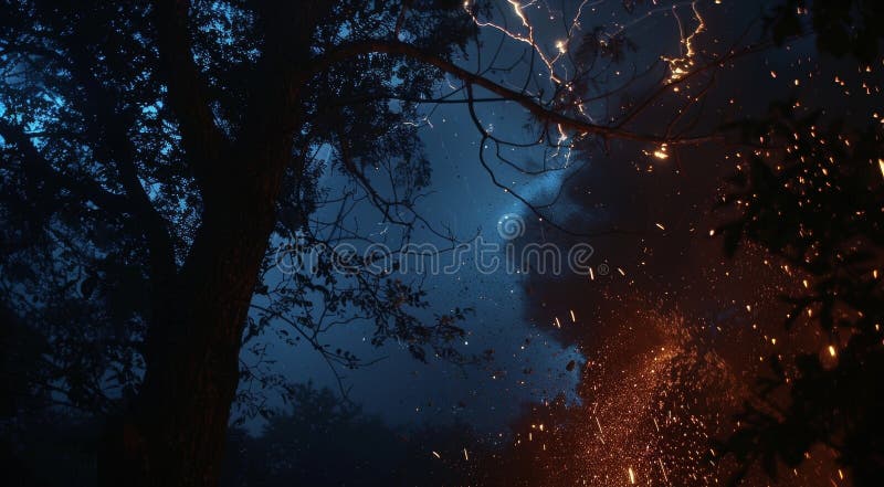 Branches Sway Violently As Intense Bolts of Lightning Strike the Ground ...