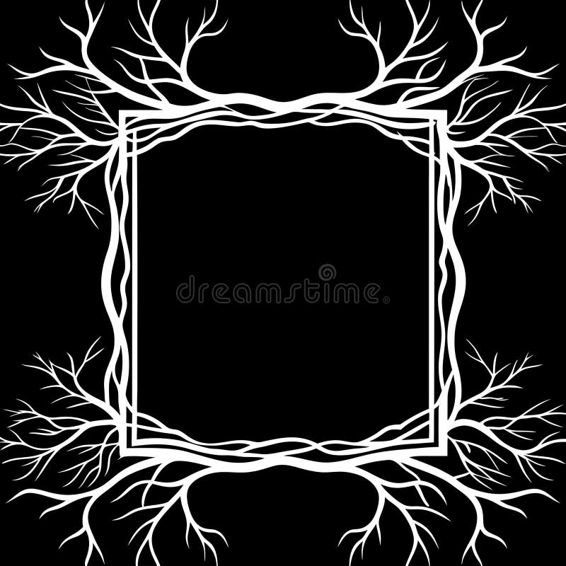 Branches of Tree Roots Frame an Empty Frame. Black Background Stock ...