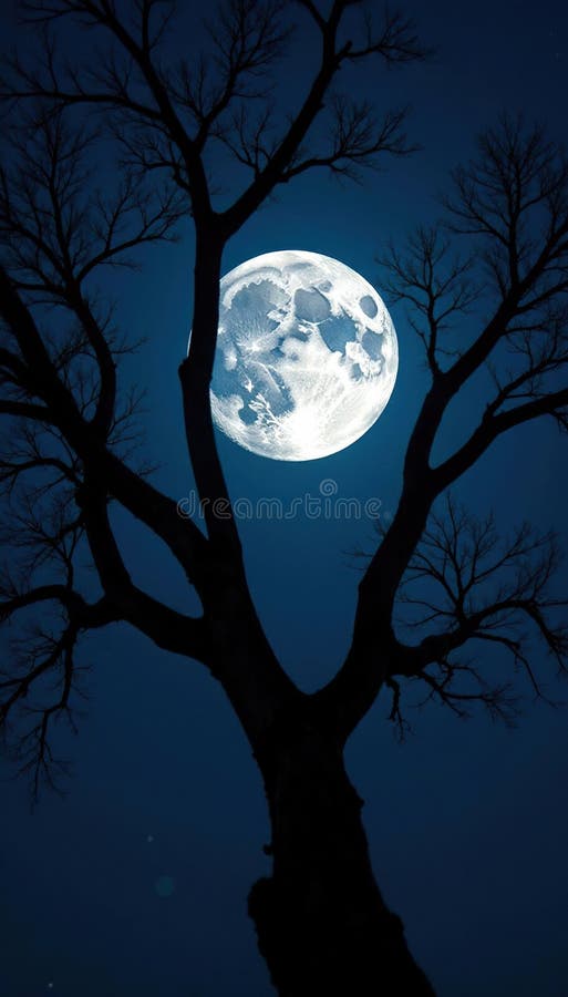 Branches of a Tree Stretch Towards the Full Moon in the Sky, Nature ...