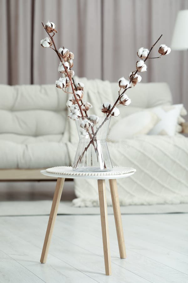 Branches with White Fluffy Cotton Flowers on Coffee Table in Cozy Room ...