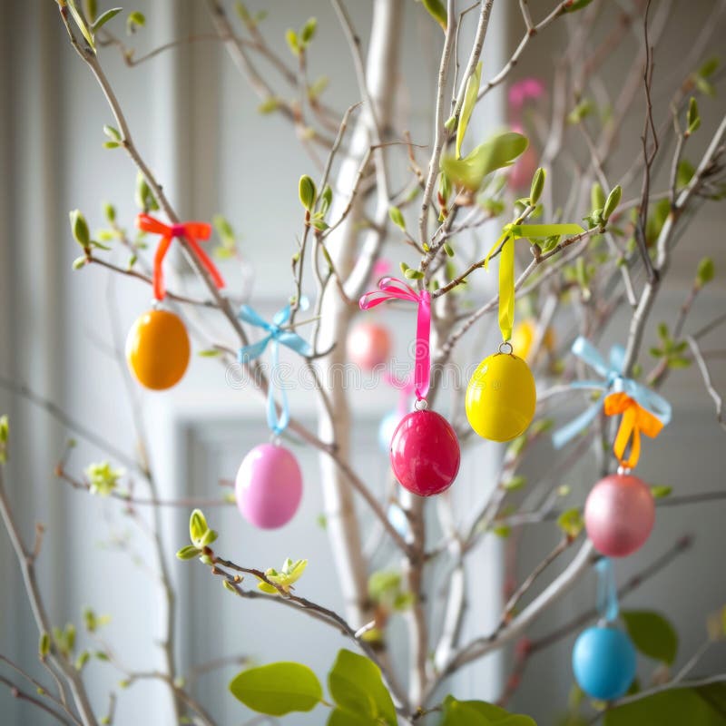 Branches with Young Leaves Decorated with Multi-colored Eggs on Ribbons ...