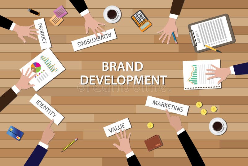 Brand Development Illustration Team Work Together on Wood Table Stock ...