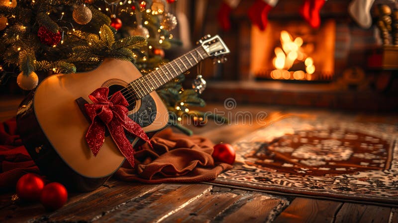 Gorgeous New Guitar Christmas Gift with a Red Bow Under the Tree ...