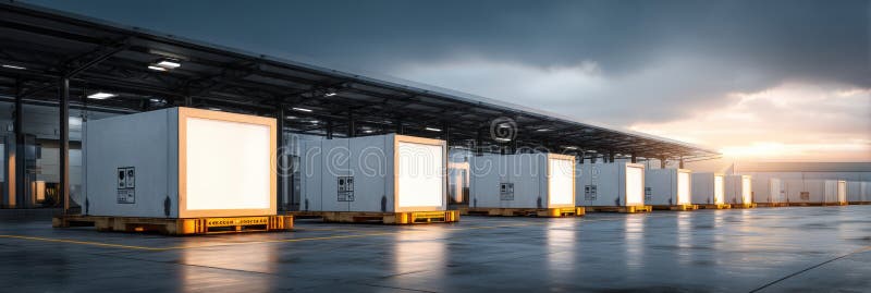 Branded Cargo Boxes Arranged on a Palette Under Warehouse Lights in a ...