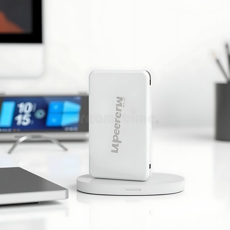 A Branded Power Bank Mockup Displayed on a Clean Desk with a White ...
