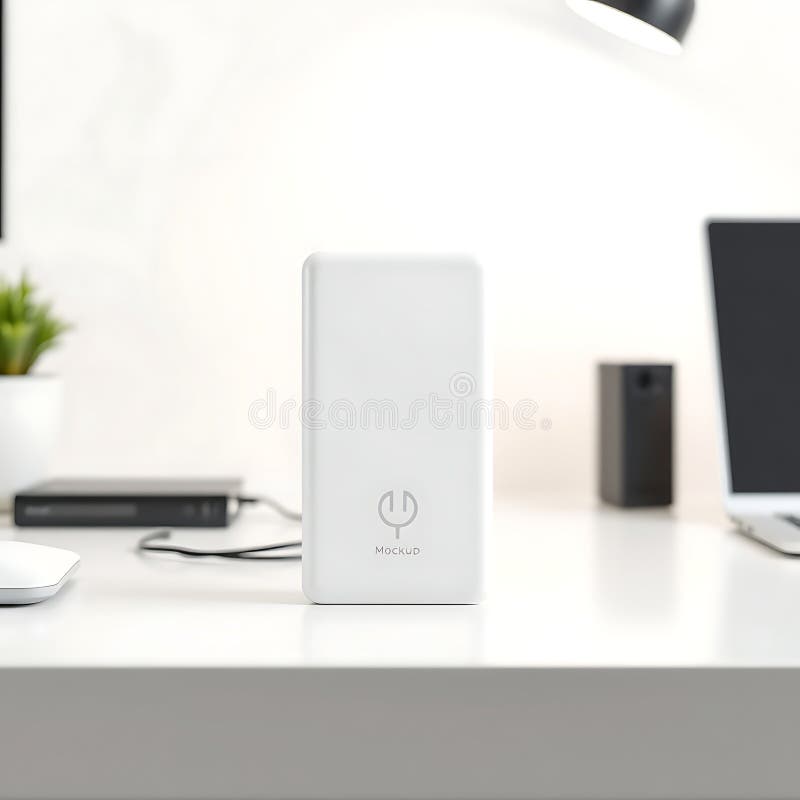 A Branded Power Bank Mockup Displayed on a Clean Desk with a White ...
