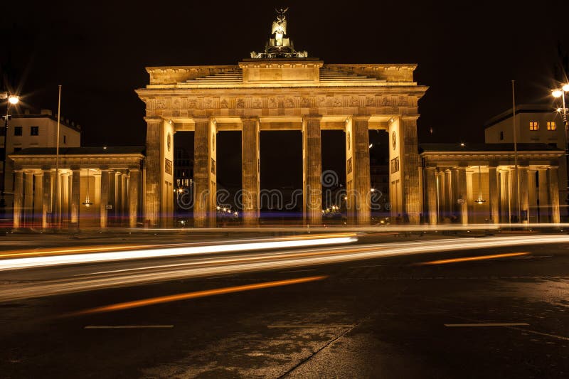 Brandenburg Gate at night stock photo. Image of landmark - 260111528