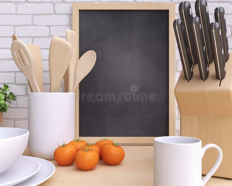 Branding Mockup Kitchen with Table and Kitchenware. Stock Image - Image ...