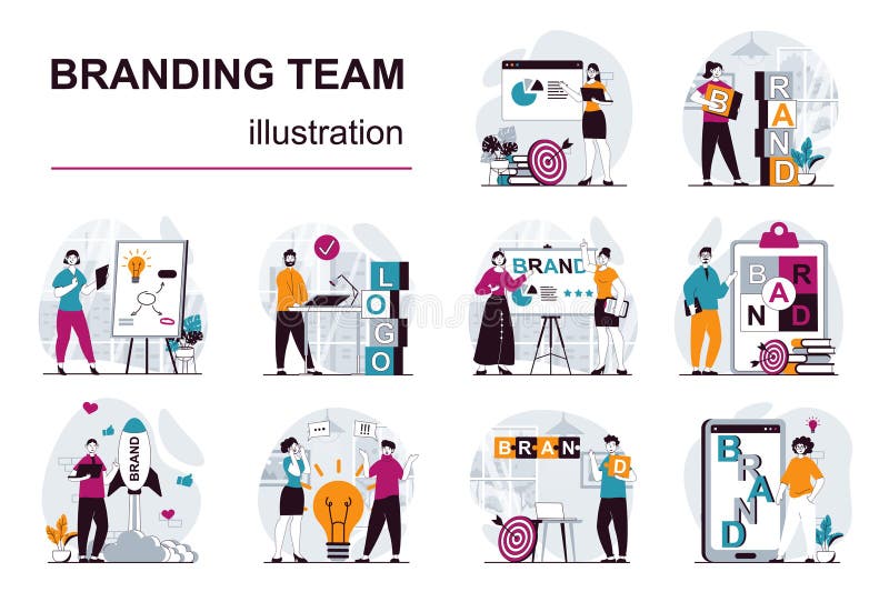 Branding Team Concept with Character Situations Mega Set. Vector ...