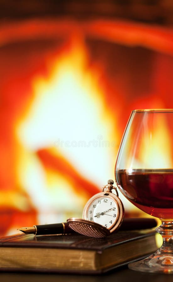 Brandy Glass, Diary and Pocket Watch Stock Photo - Image of fireplace ...