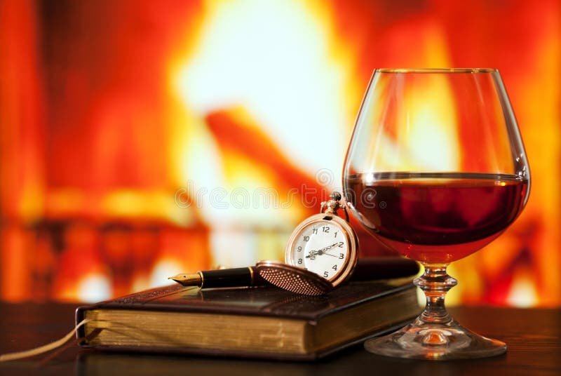 Brandy Glass, Diary and Pocket Watch Stock Image - Image of boke, aged ...