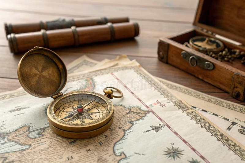 Brass Antique Nautical Compass with Old Map Stock Illustration ...