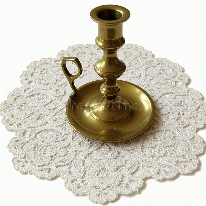 A Brass Candlestick Holder with a Round Base and a Handle is Placed on ...