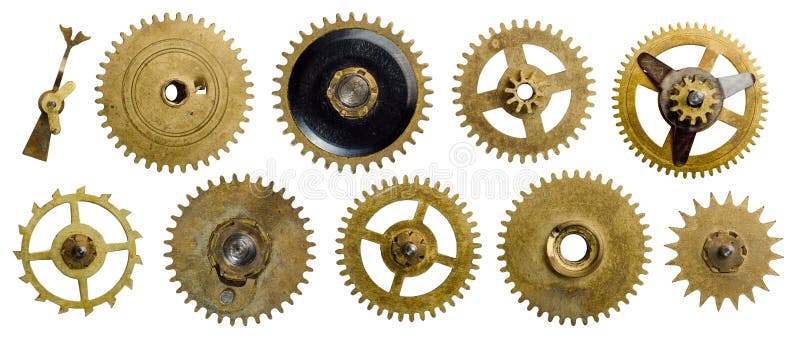 Brass Clockwork Clock Parts - Isolated on White. Gear, Cog, Cogwheels ...