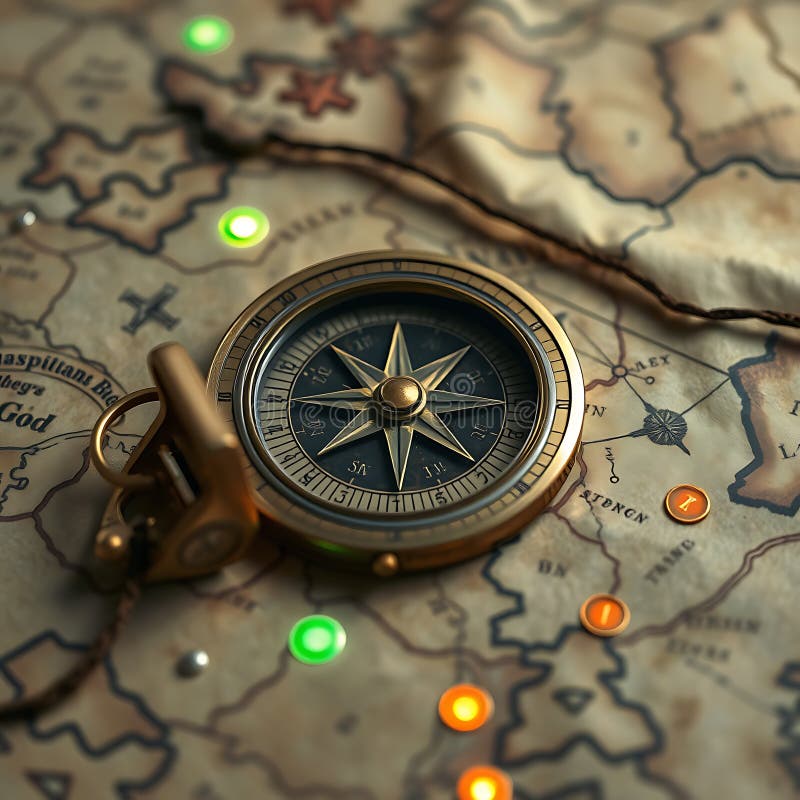 A Brass Compass on an Ancient Map with Glowing Markers Stock ...