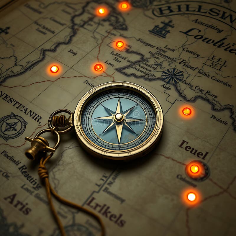 A Brass Compass on an Ancient Map with Glowing Markers Stock ...