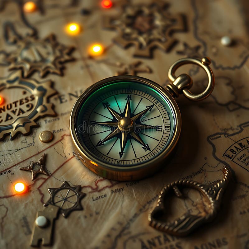 A Brass Compass on an Ancient Map with Glowing Markers Stock ...