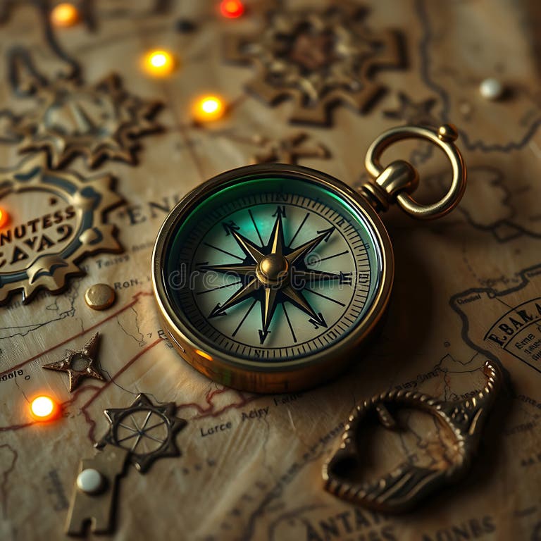 A Brass Compass on an Ancient Map with Glowing Markers Stock ...