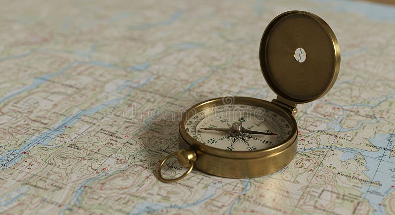 Brass Compass on Detailed Topographic Map Pointing North Stock ...