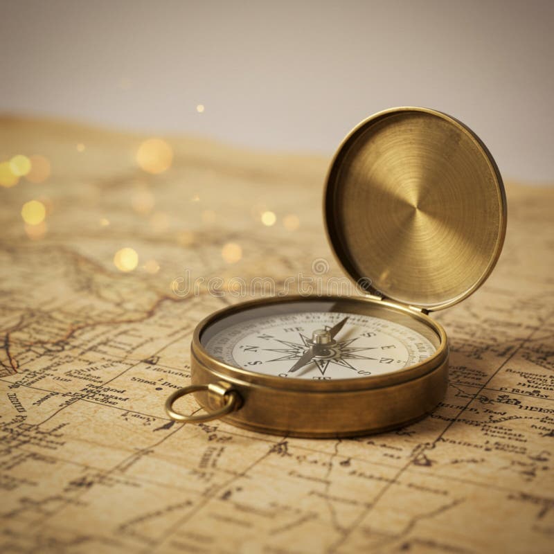 A Brass Compass with an Open Lid Lies on an Antique Map. the Compass ...