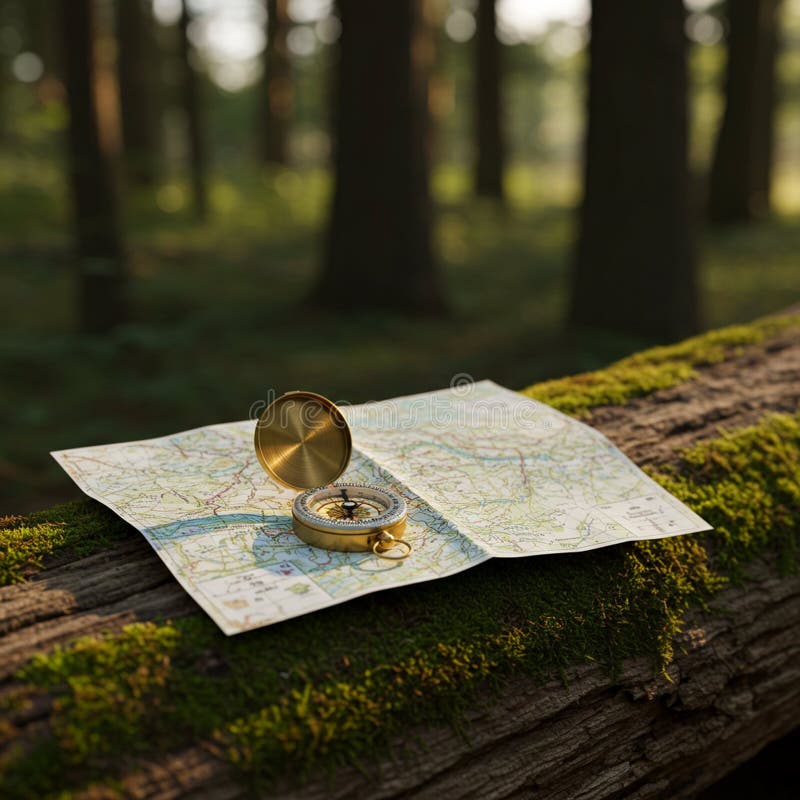 A Brass Compass Rests on an Unfolded Map Atop a Moss-covered Log in a Dense Stock Illustration ...