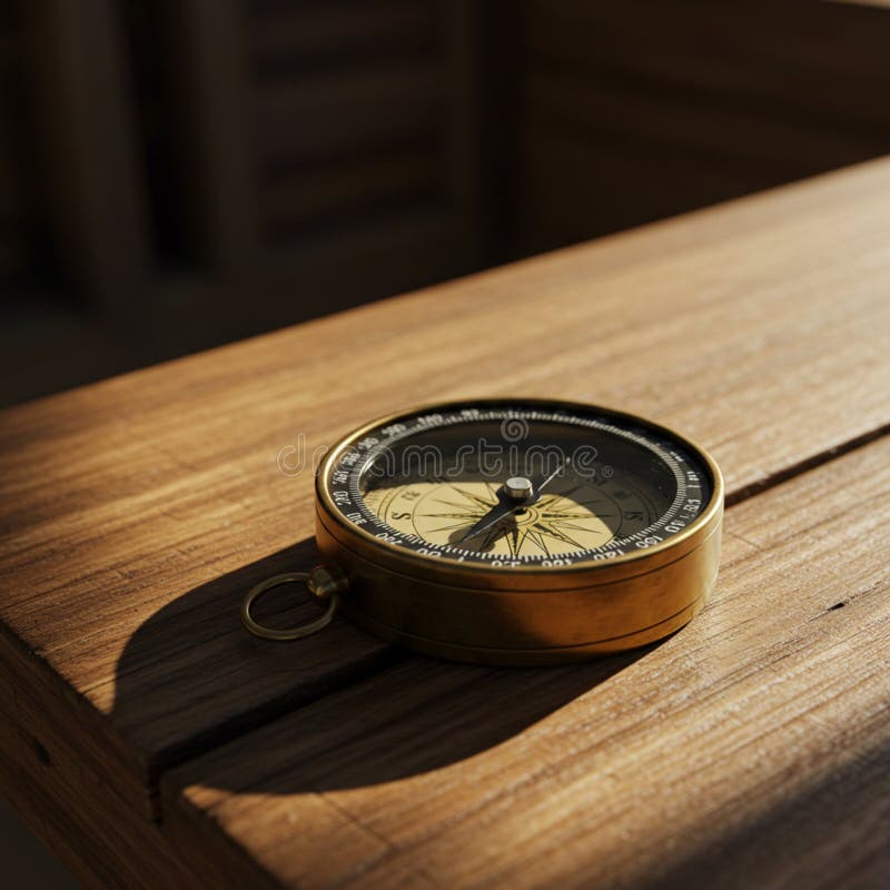 A Brass Compass Rests on a Wooden Surface, Casting a Shadow in the Warm ...