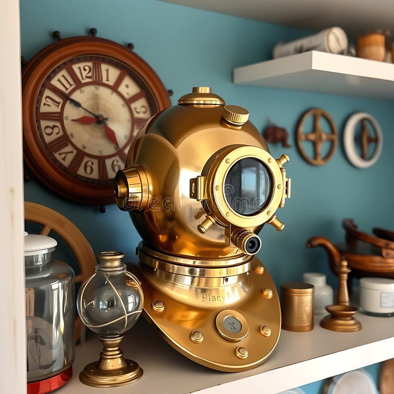 A Brass Diving Helmet on a Shelf Surrounded by Nautical Items Stock ...