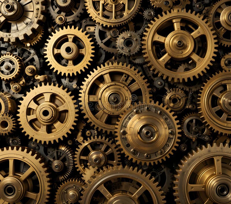 Brass Gears Arranged in a Complex Mechanical System Against a Deep ...