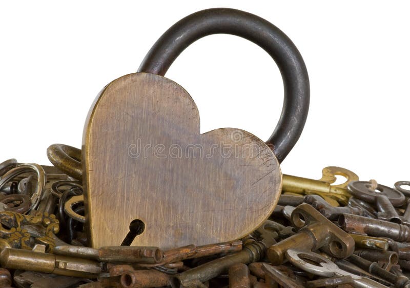 Brass Heart Lock Surrounded by Old Keys Isolated Stock Image - Image of ...