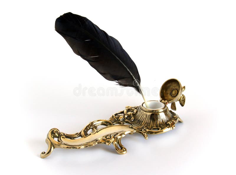 Brass inkwell with feather stock photo. Image of handwriting - 76959714