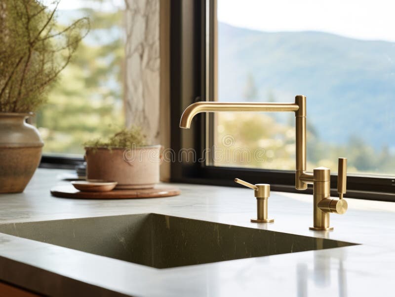 Brass Kitchen Water Mixer Tap on Stone Counter Against of Window Stock ...