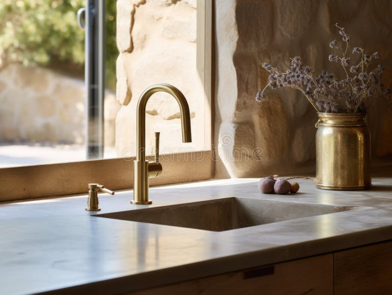Brass Kitchen Water Mixer Tap on Stone Counter Against of Window Stock ...