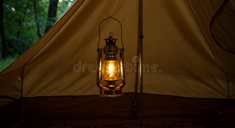 Brass Lantern Illuminates Canvas Tent Interior at Night Stock ...