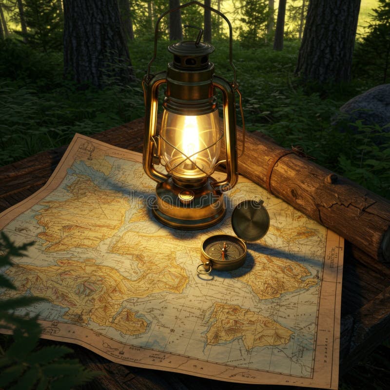 Brass Lantern Illuminates Forest Map at Dusk Stock Illustration ...