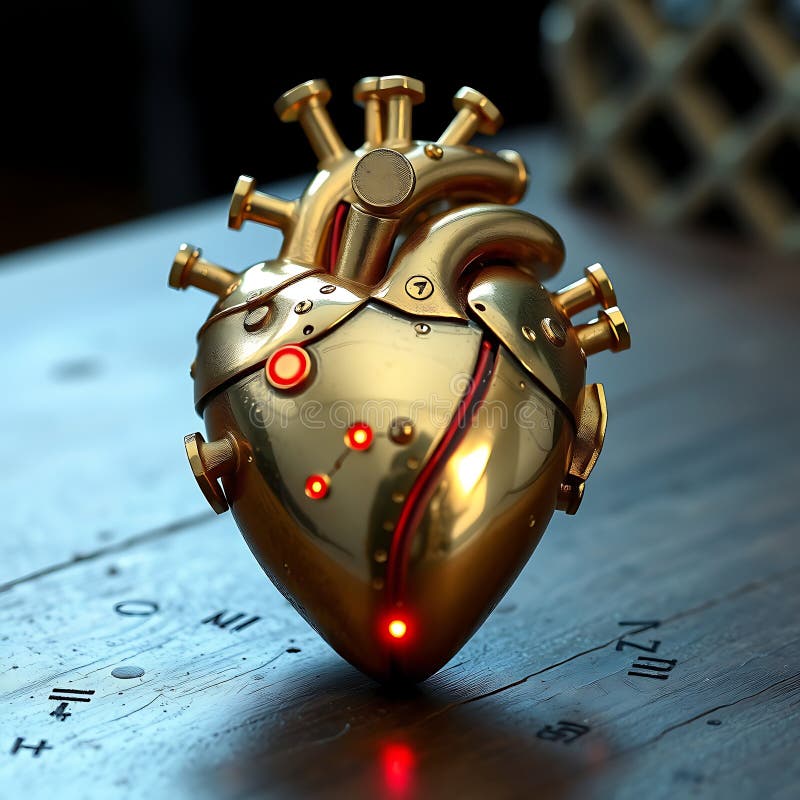 A Brass Mechanical Heart with Glowing Red Accents Stock Illustration ...