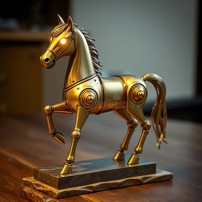 A Brass Mechanical Horse with Glowing Eyes Standing on a Stone Base ...