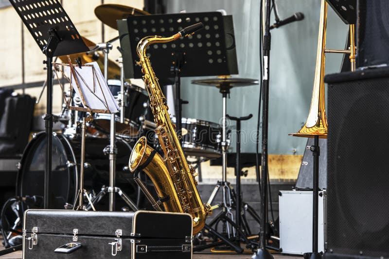 Brass Musical Instrument Saxophone on the Open Stage Stock Image ...
