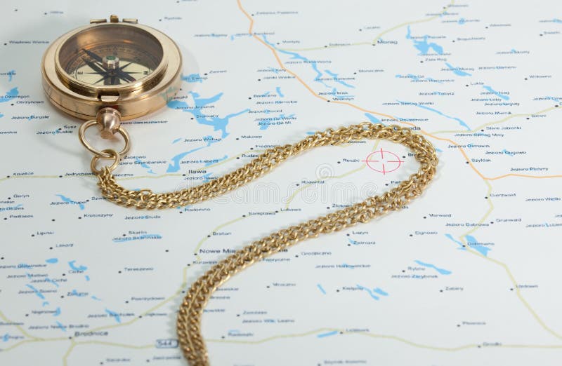 Brass Old Compass with Chain on the Map Stock Image - Image of travel ...
