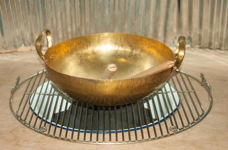 Brass pan stock image. Image of background, kitchen, enamel - 48404277
