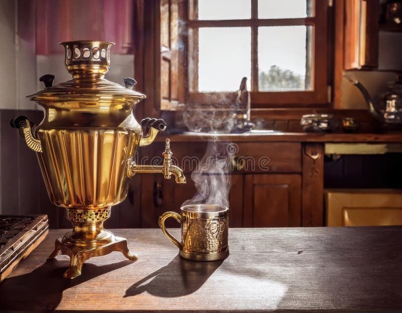 A Brass Samovar Brewing Fresh Tea in an Old Kitchen Stock Illustration ...