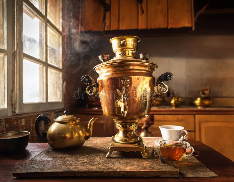A Brass Samovar Brewing Fresh Tea in an Old Kitchen Stock Illustration ...