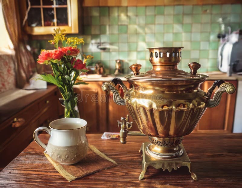 A Brass Samovar Brewing Fresh Tea in an Old Kitchen Stock Illustration ...