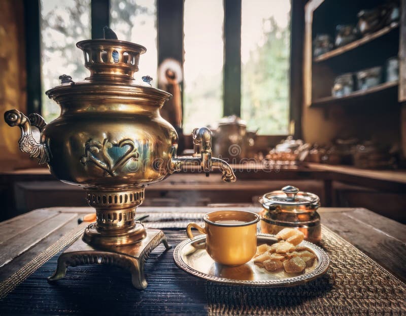 A Brass Samovar Brewing Fresh Tea in an Old Kitchen Stock Illustration ...