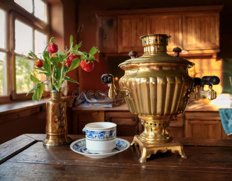 A Brass Samovar Brewing Fresh Tea in an Old Kitchen Stock Illustration ...