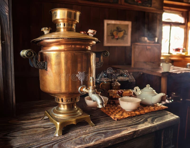 A Brass Samovar Brewing Fresh Tea in an Old Kitchen Stock Illustration ...