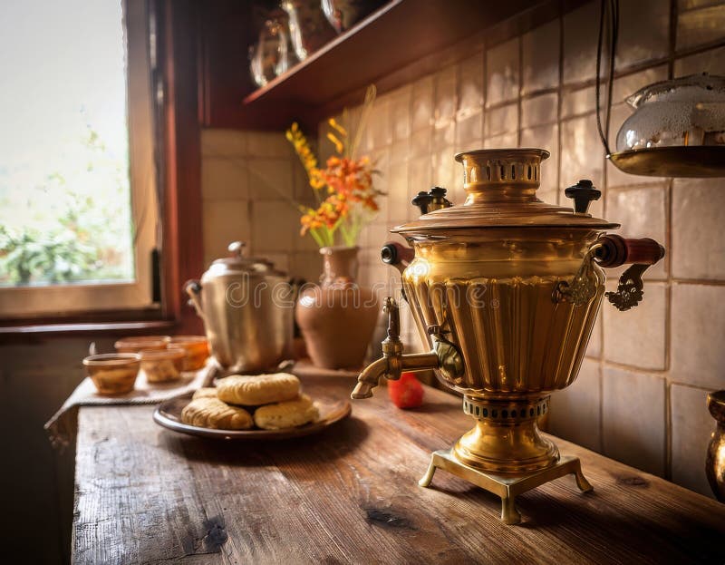 A Brass Samovar Brewing Fresh Tea in an Old Kitchen Stock Illustration ...