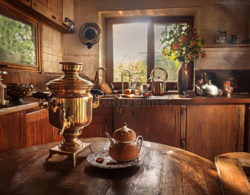 A Brass Samovar Brewing Fresh Tea in an Old Kitchen Stock Illustration ...