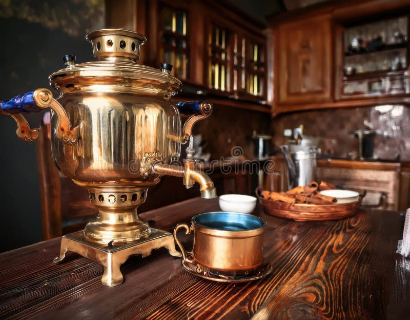 A Brass Samovar Brewing Fresh Tea in an Old Kitchen Stock Illustration ...