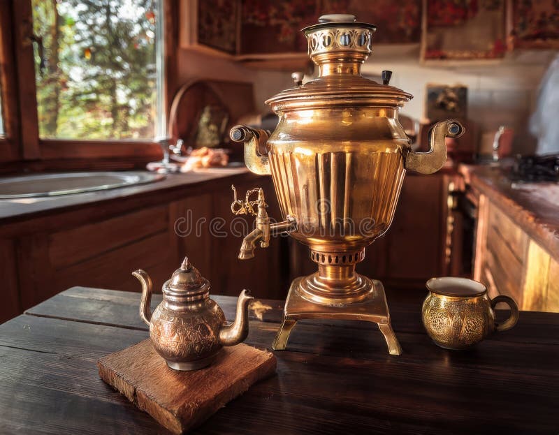 A Brass Samovar Brewing Fresh Tea in an Old Kitchen Stock Illustration ...